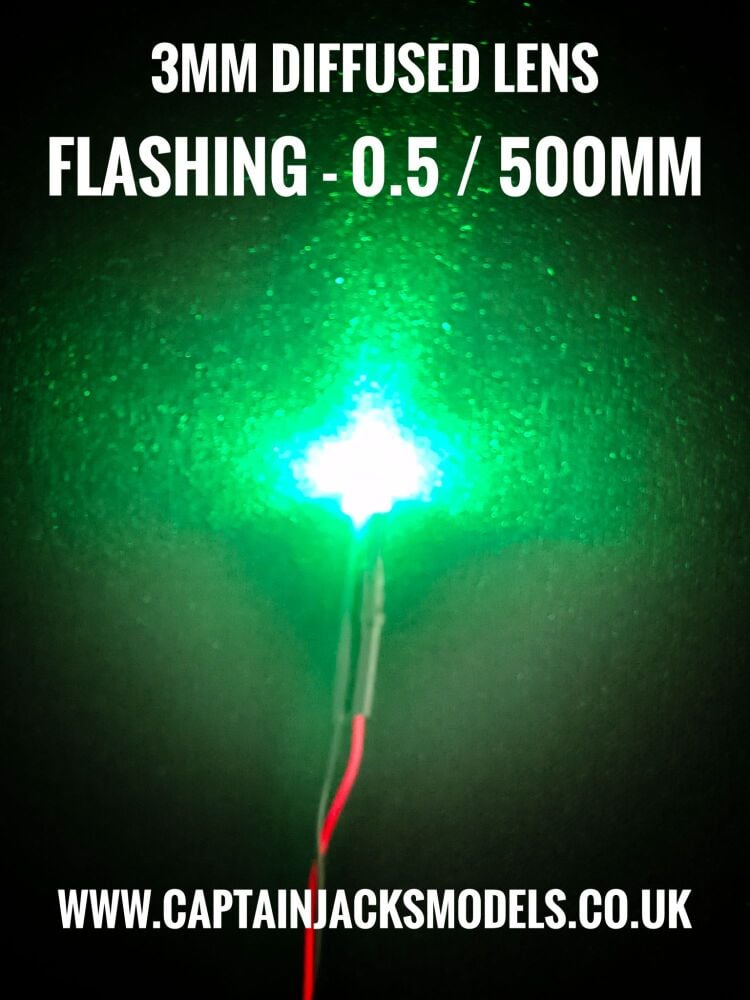 3mm Prewired LEDs 0.5mm WIRES Diffused GREEN FLASHING - 3mm Prewired ...