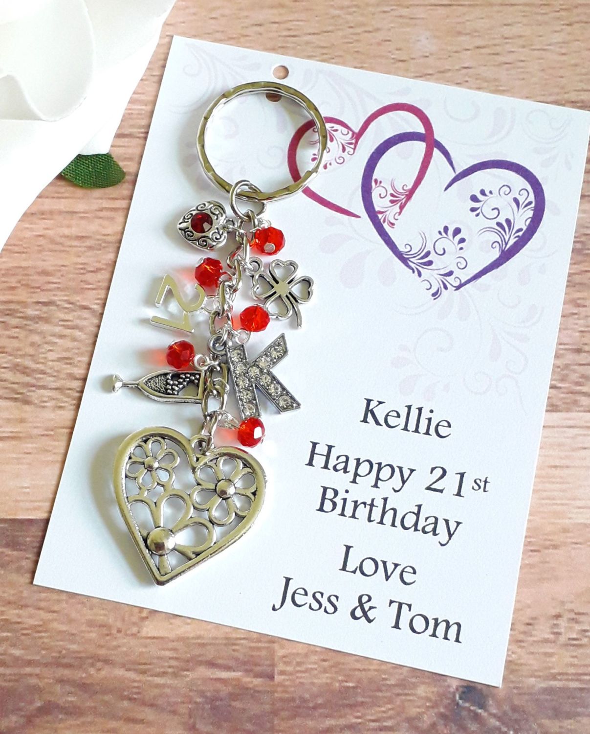 Red Flower Heart Birthday Keyring
