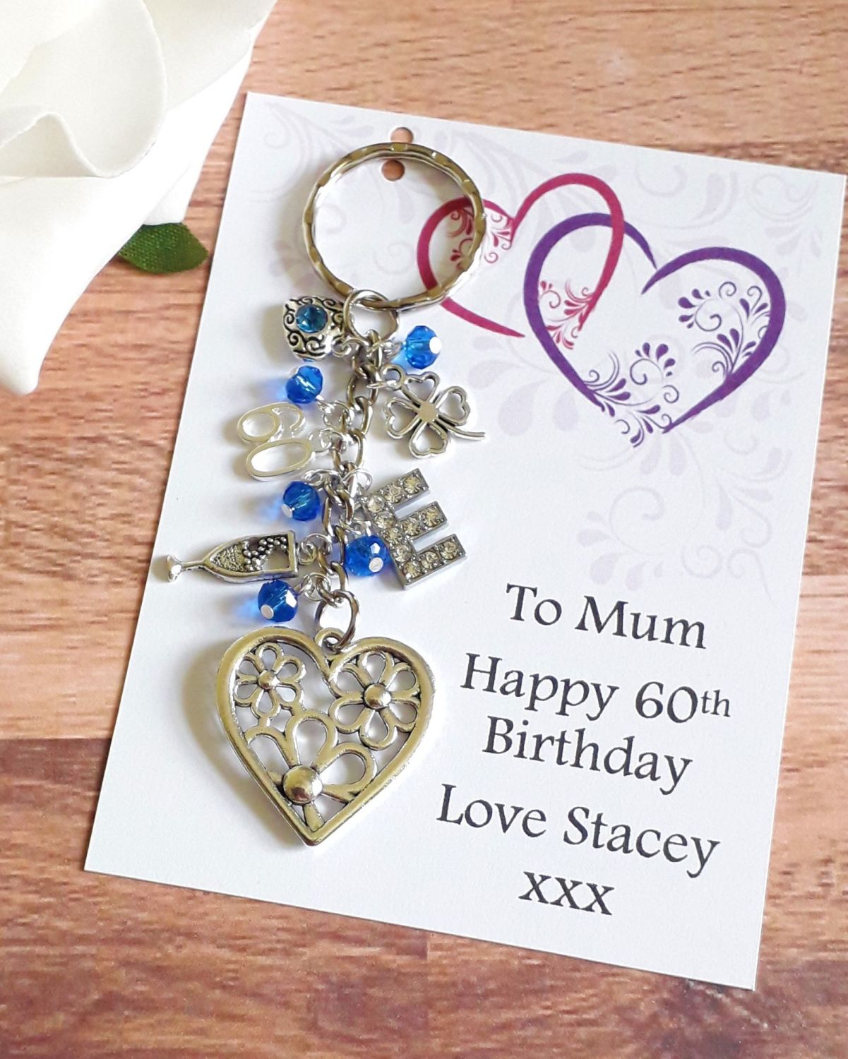 Blue Flower Heart Birthday Keyring