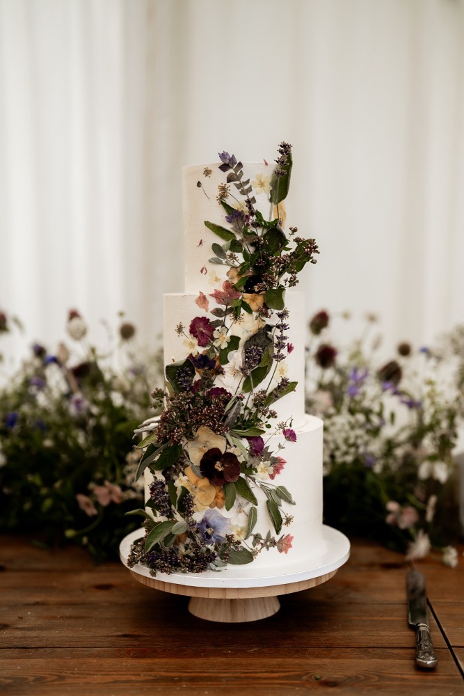 Pressed flower wedding cake