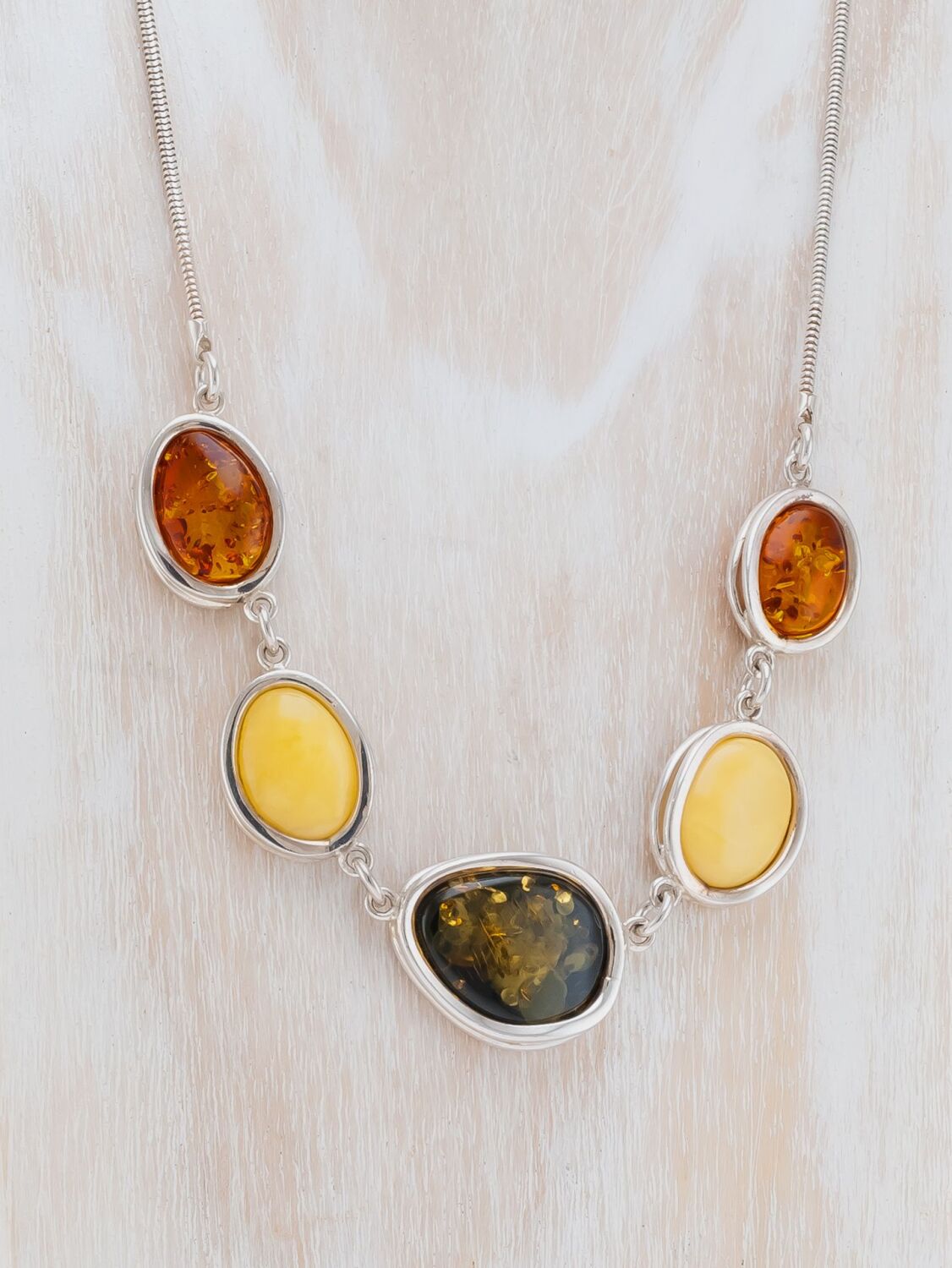 Multicolour Hand cut Baltic Amber and sterling silver collar