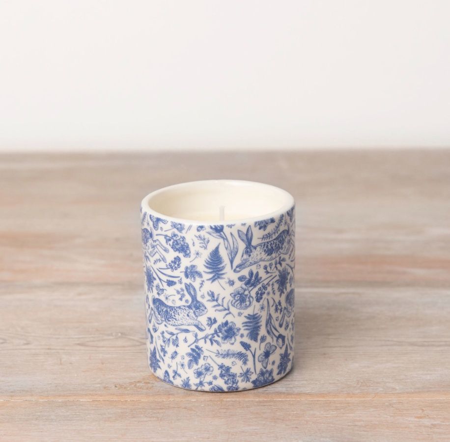 Vanilla scented candle pot with blue floral and hare design