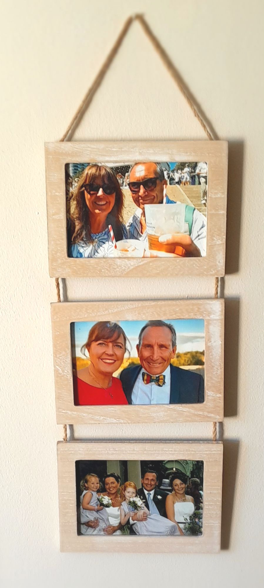 Whitewashed wooden triple hanging photo frame