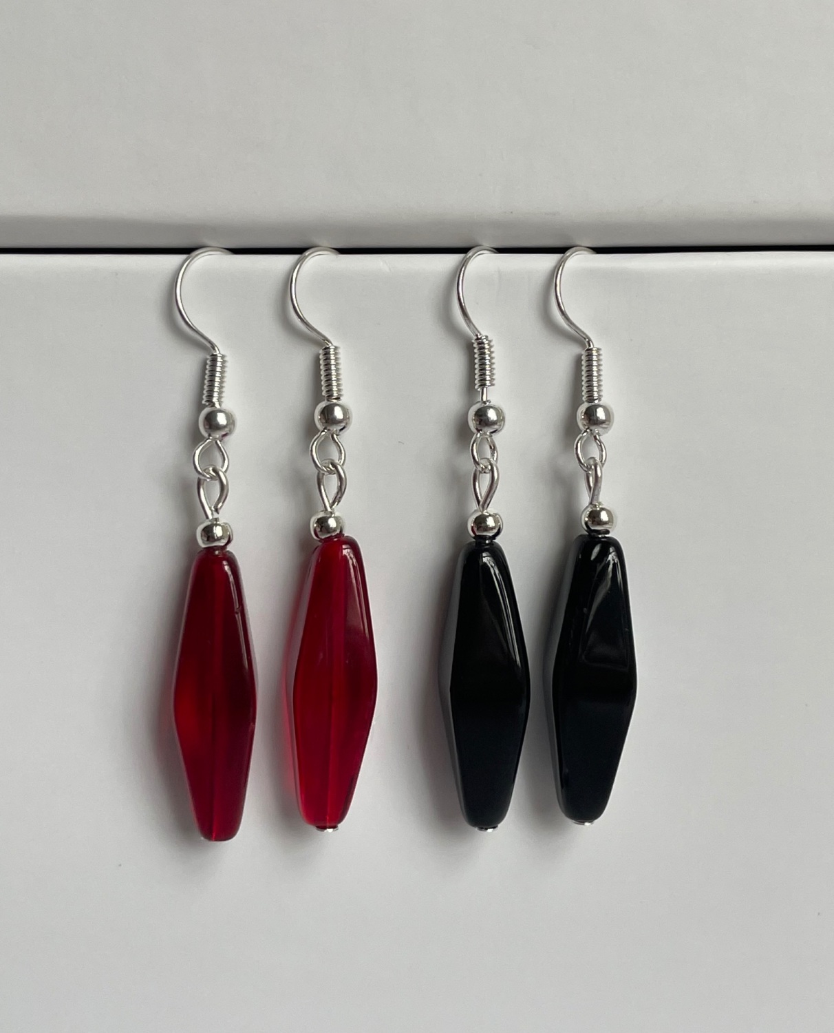 Glass Long Drop Earrings- Red & Black