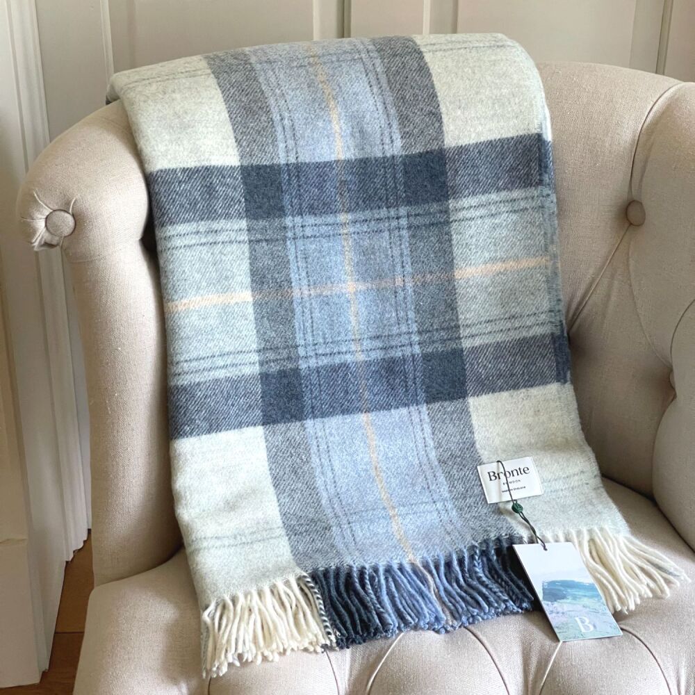 Bronte by Moon Skye Blue Shetland Wool Blanket T0978 K07 pale blues and ...