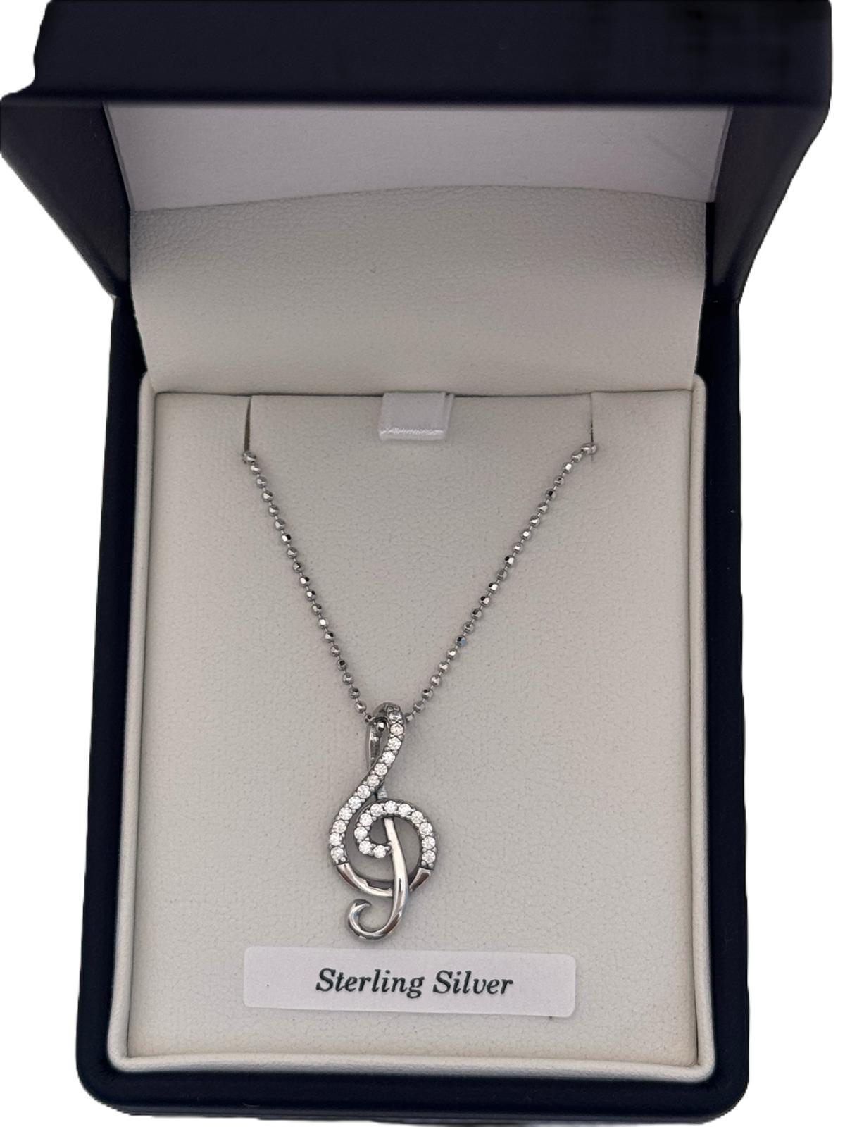 Necklace Sterling Silver Treble Clef with Stones