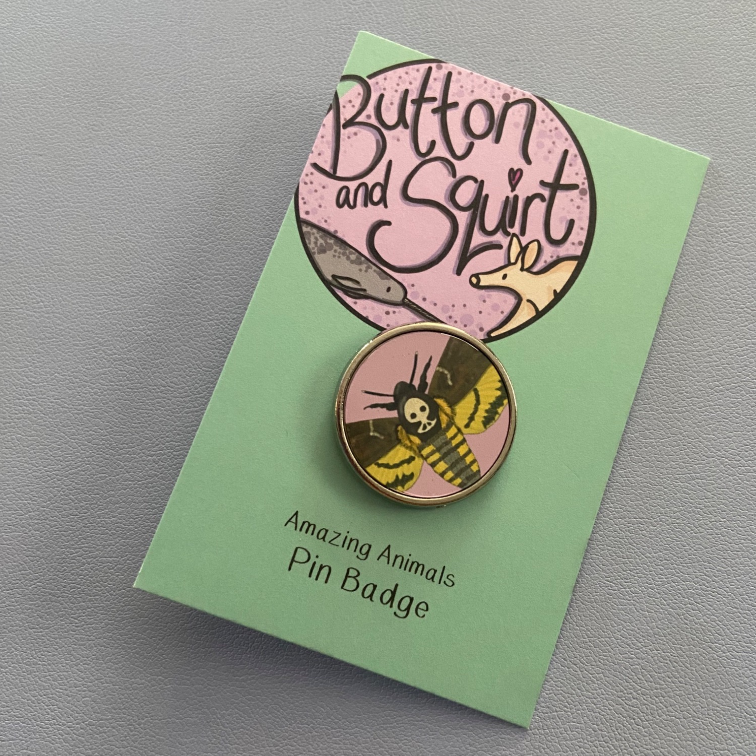 Deaths Head Hawk Moth metal pin badge from Button and Squirt