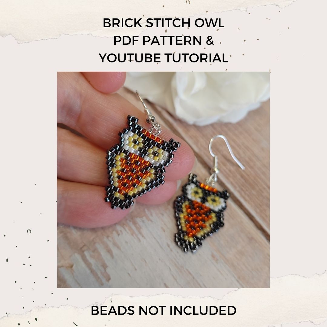 Brick stitch owl earrings self paced tutorial and pattern.