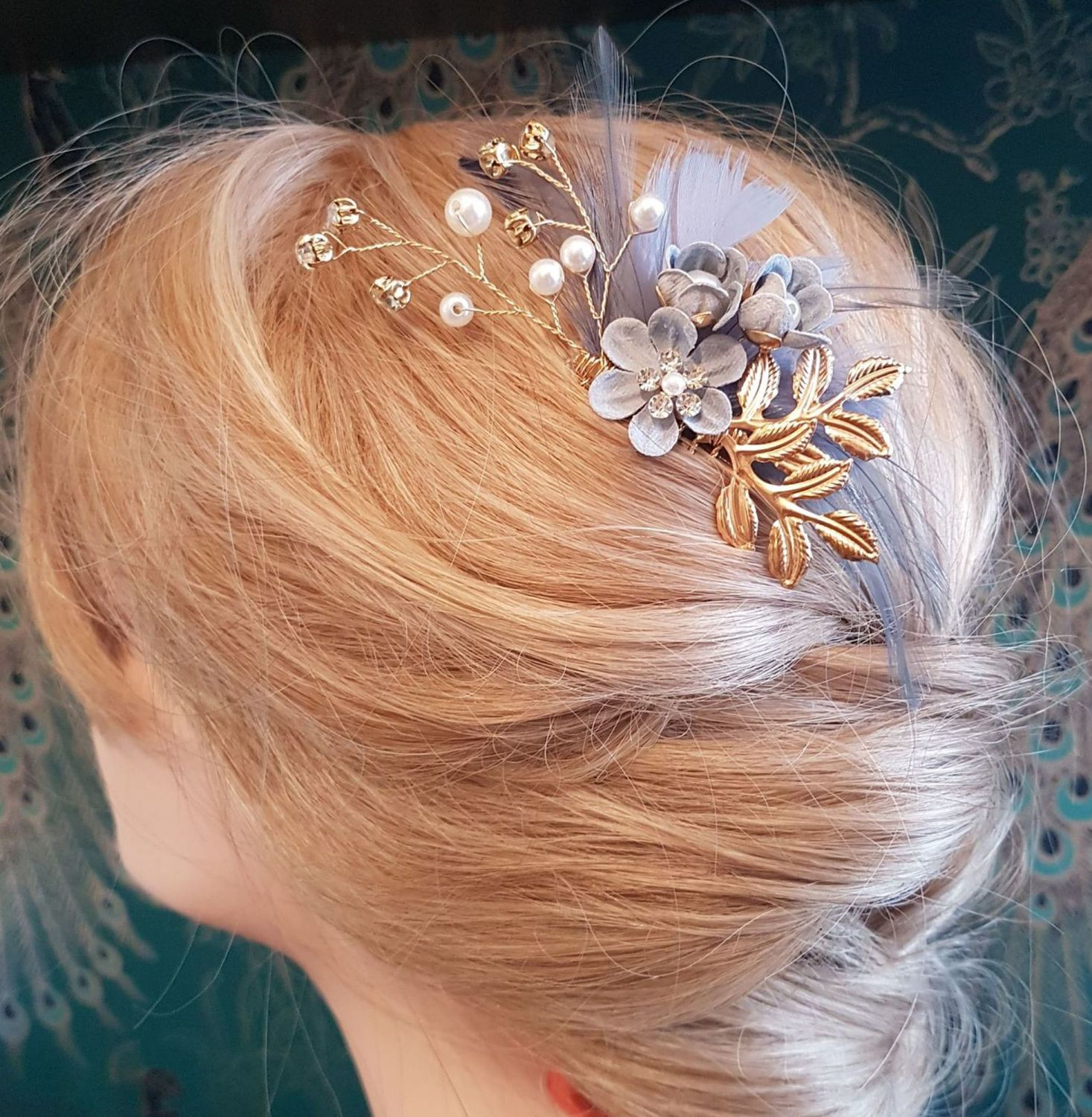Gold Feather Hair Comb | Dusky Blue Feathers | Feather Planet