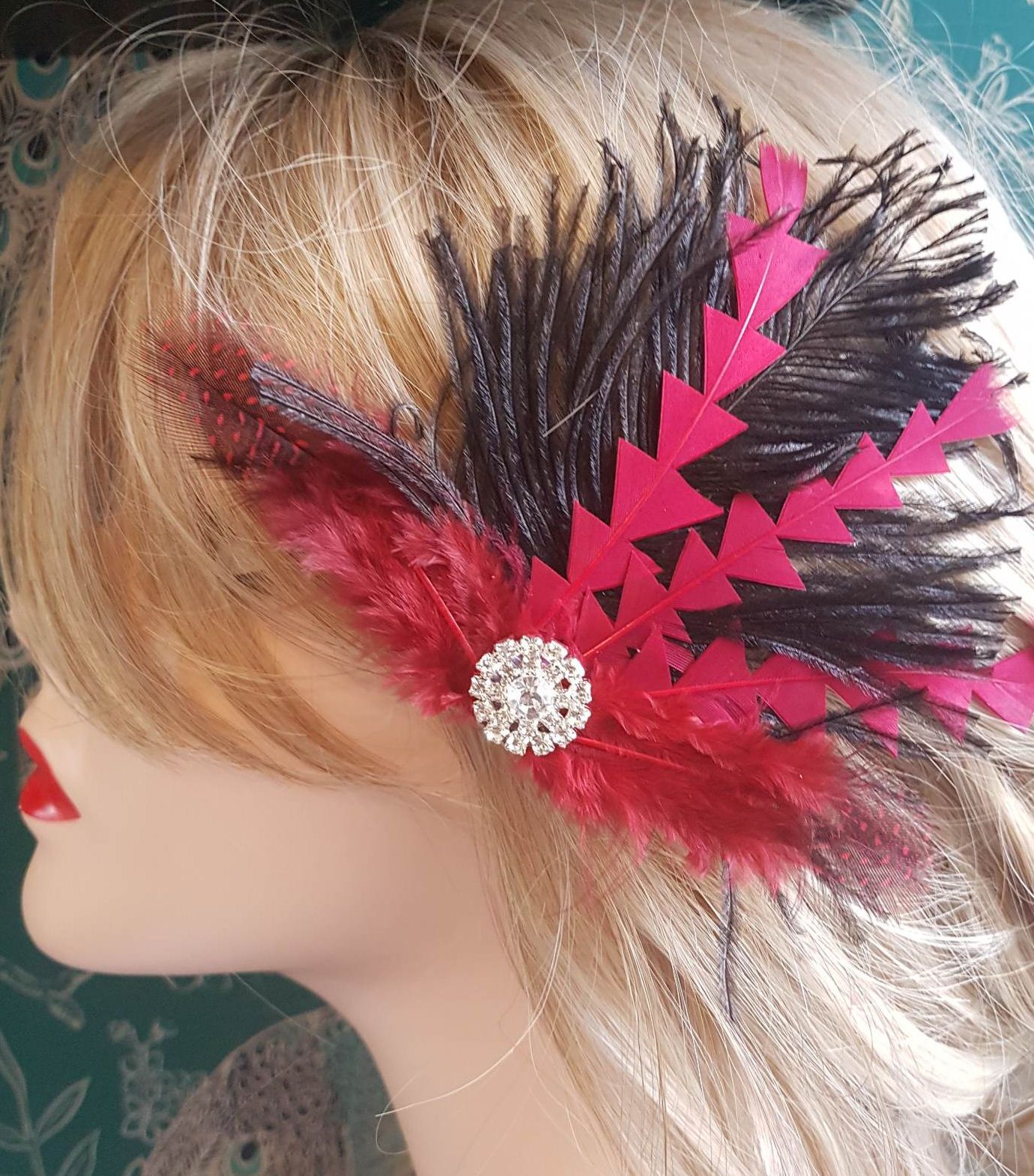 Black Dark Red Hair Clip | | Feather Head Piece | Feather Planet