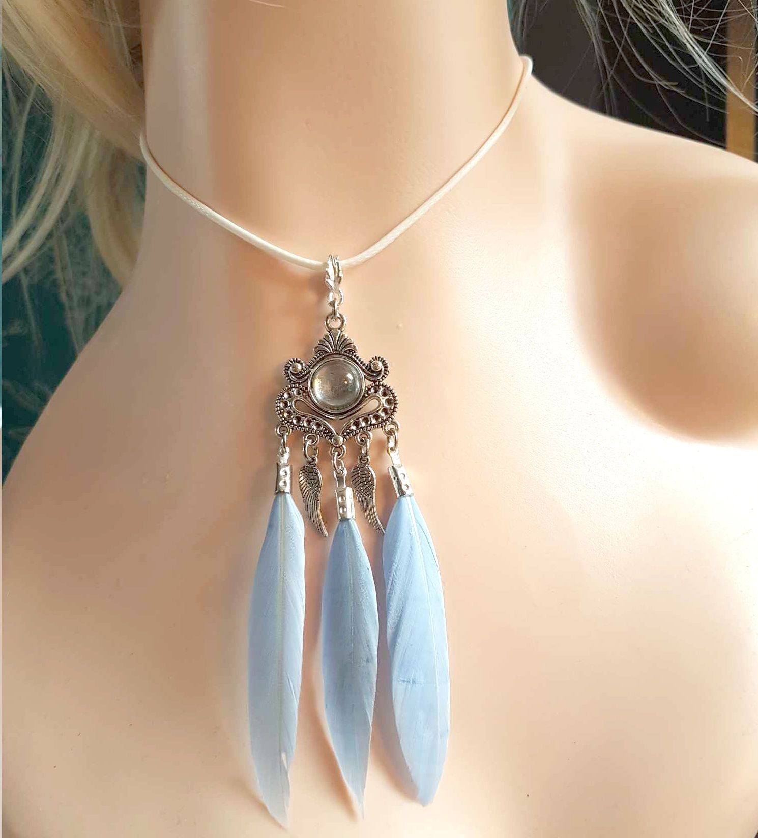Light Blue Feather & Angel Wing Necklace | Feather Planet