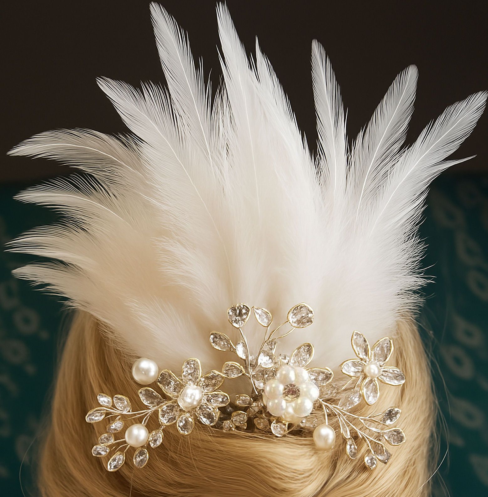Bridal Feather Hair Comb | Crystal Pearl Piece | Feather Planet