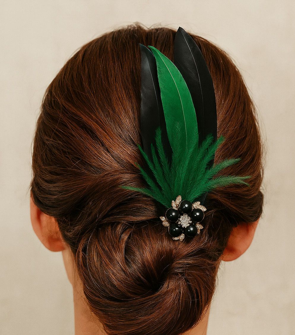 Black & Dark Green Feather Hair Clip | Feather Planet