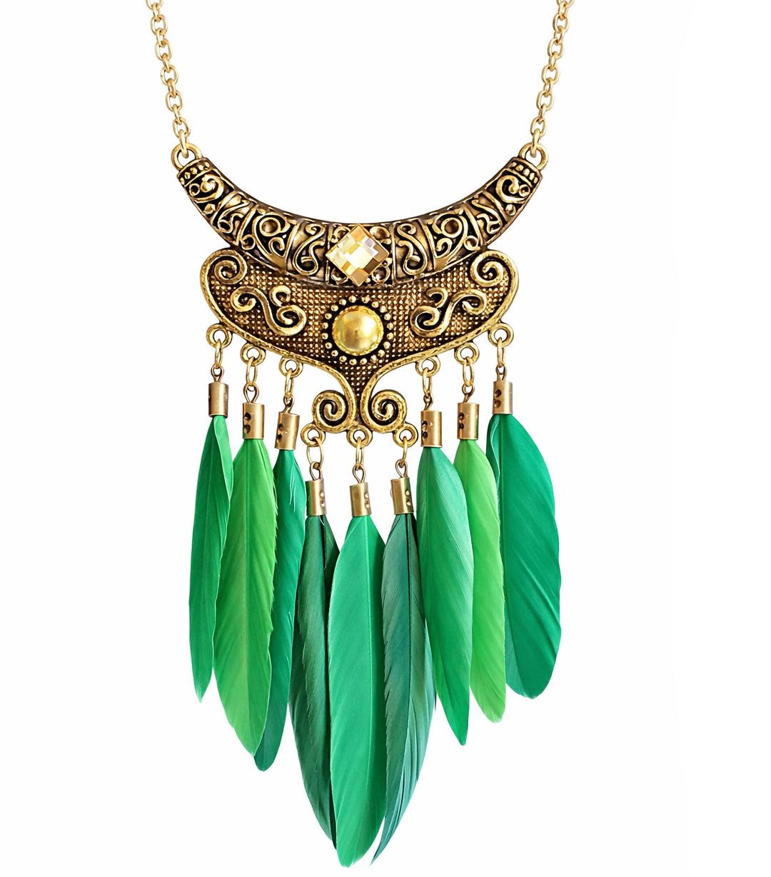 Green & Gold Filigree Feather Necklace | Feather Planet