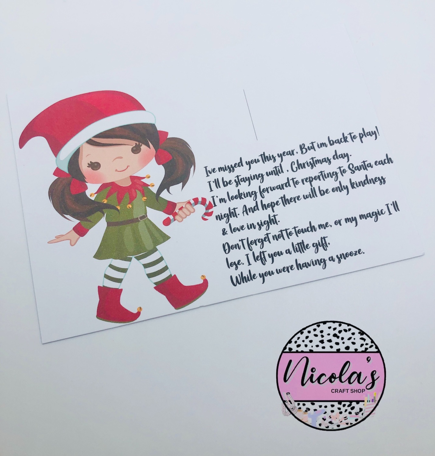 Colour me in elf Poem Christmas printed bow cards
