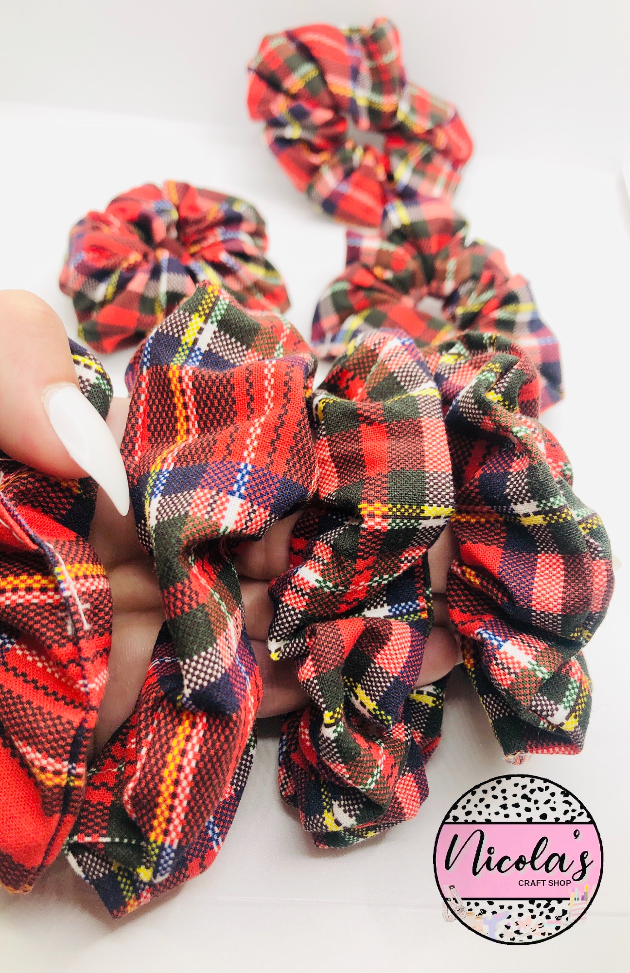 Red Tartan Cotton Scrunchie Hair bobble