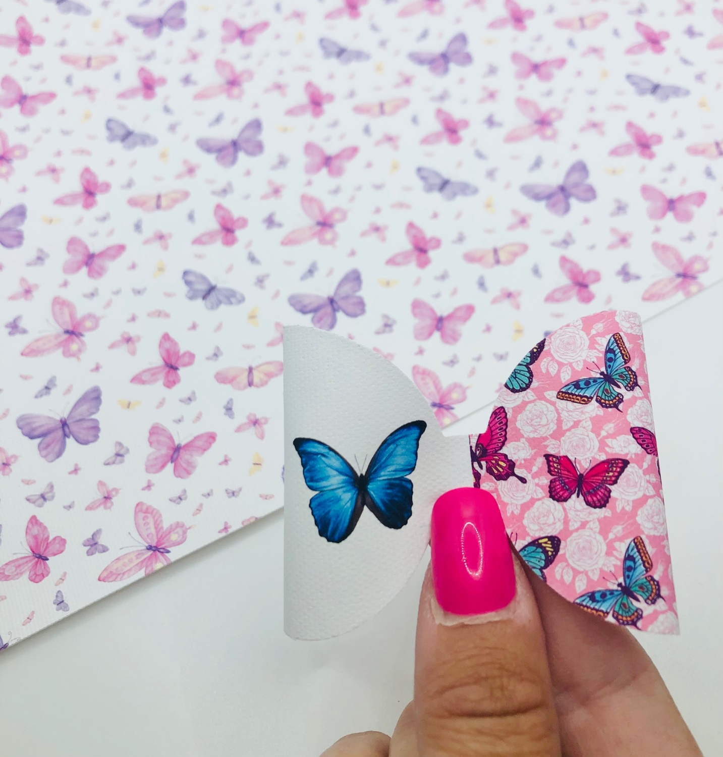 Blue butterfly pink butterfly collage PRE CUT BOW LOOP