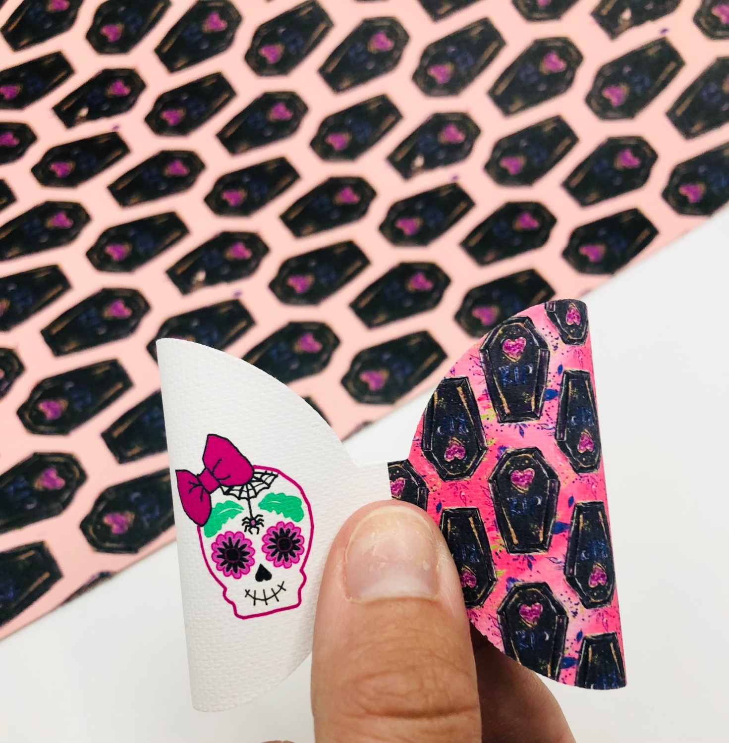 pink coffin rip skull HALLOWEEN PRE CUT BOW LOOP