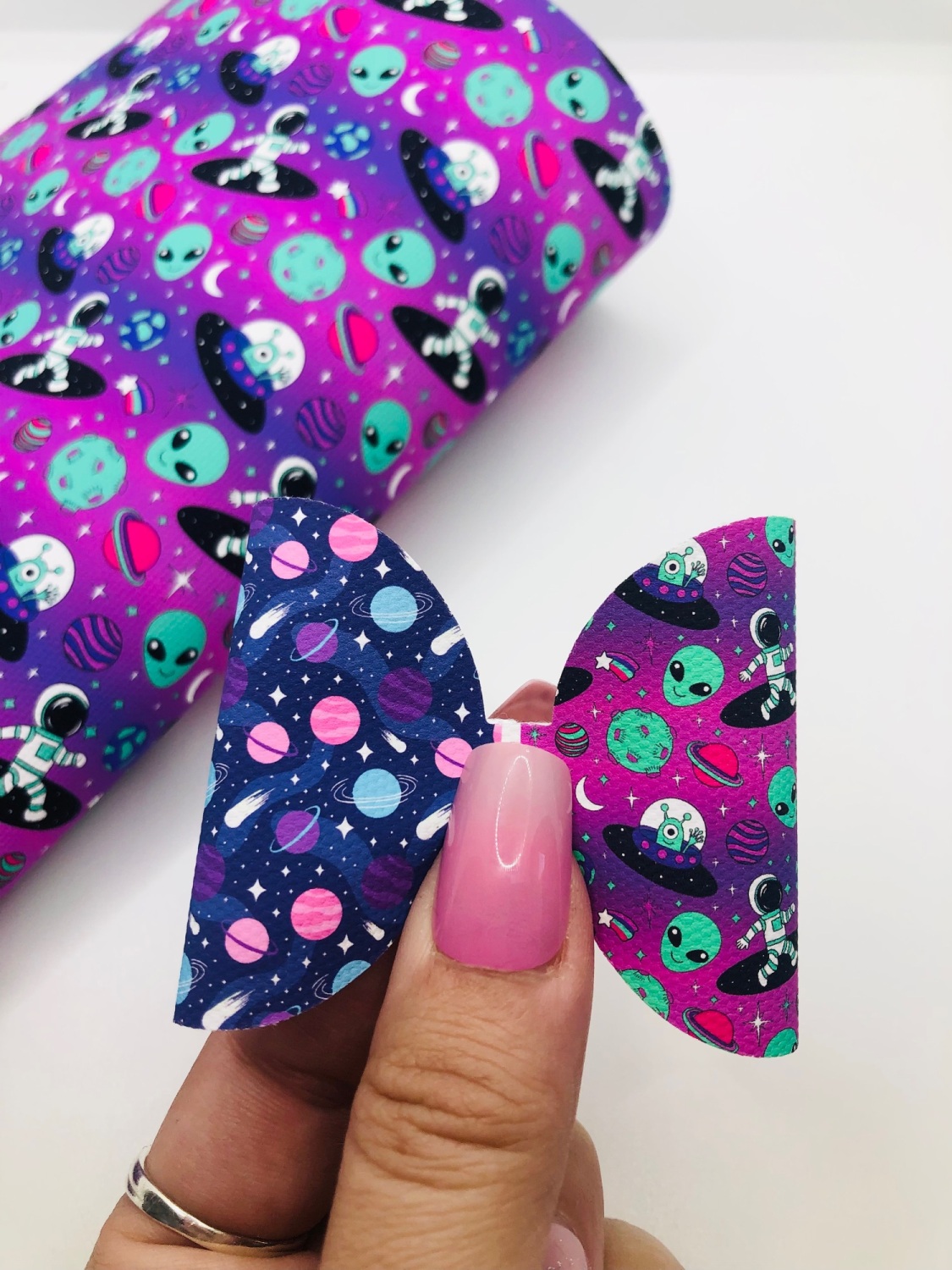 bright neon space alien printed pre cut bow loop