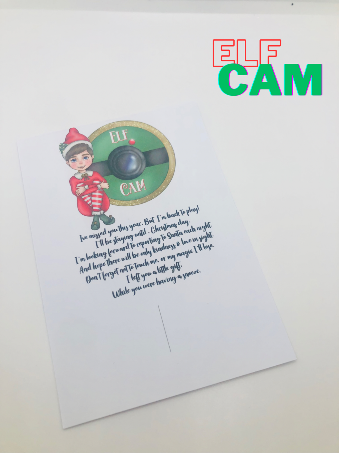 elf cam im back christmas printed bow card display card