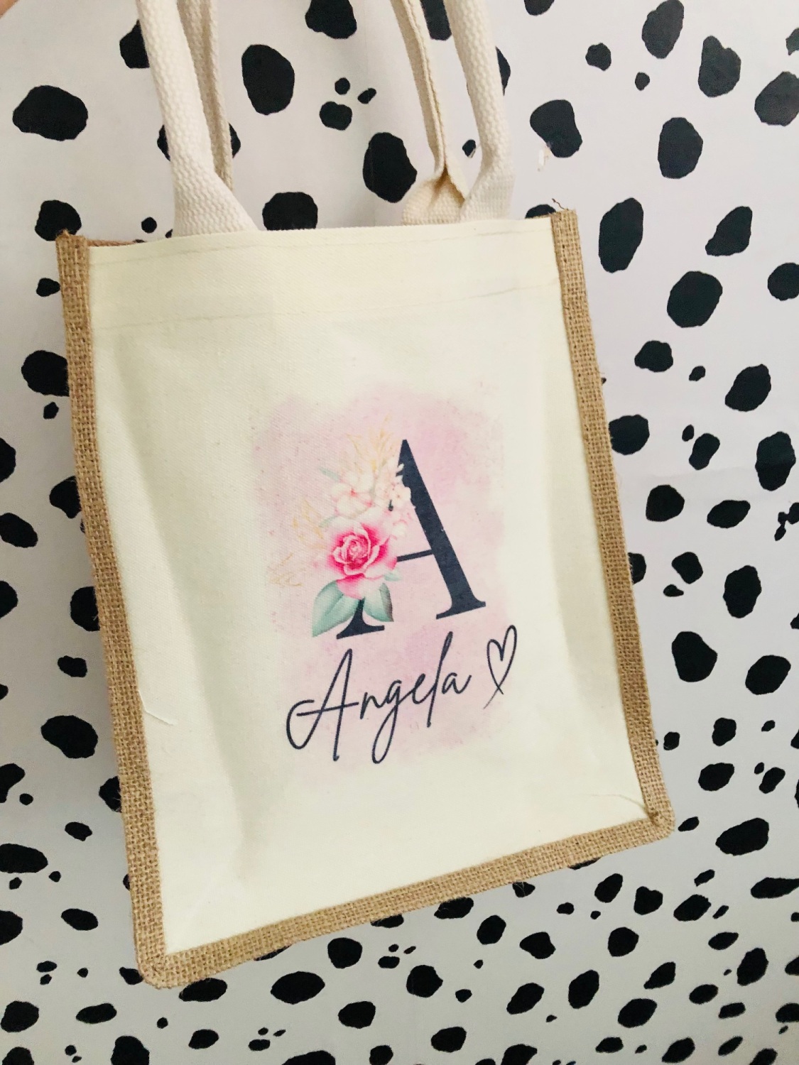 personalised jute carry bag initial name tote