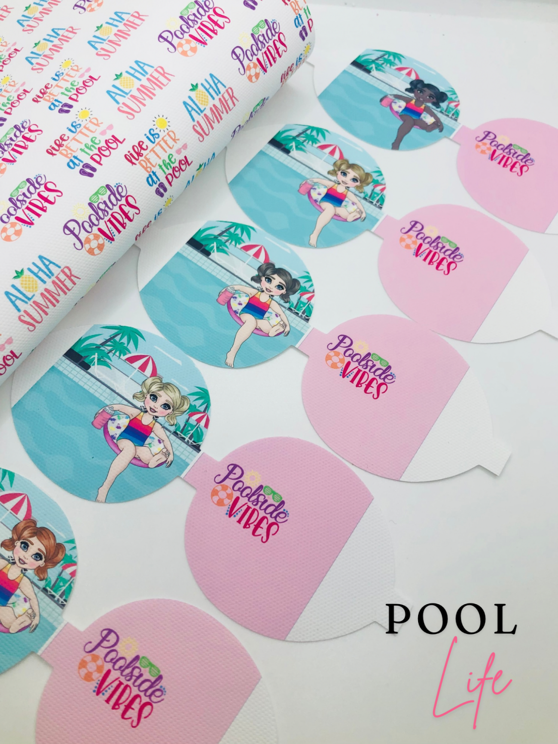 Poolside vibes summer swimsuit pool girl Pre Cut Bow Loop printed canvas