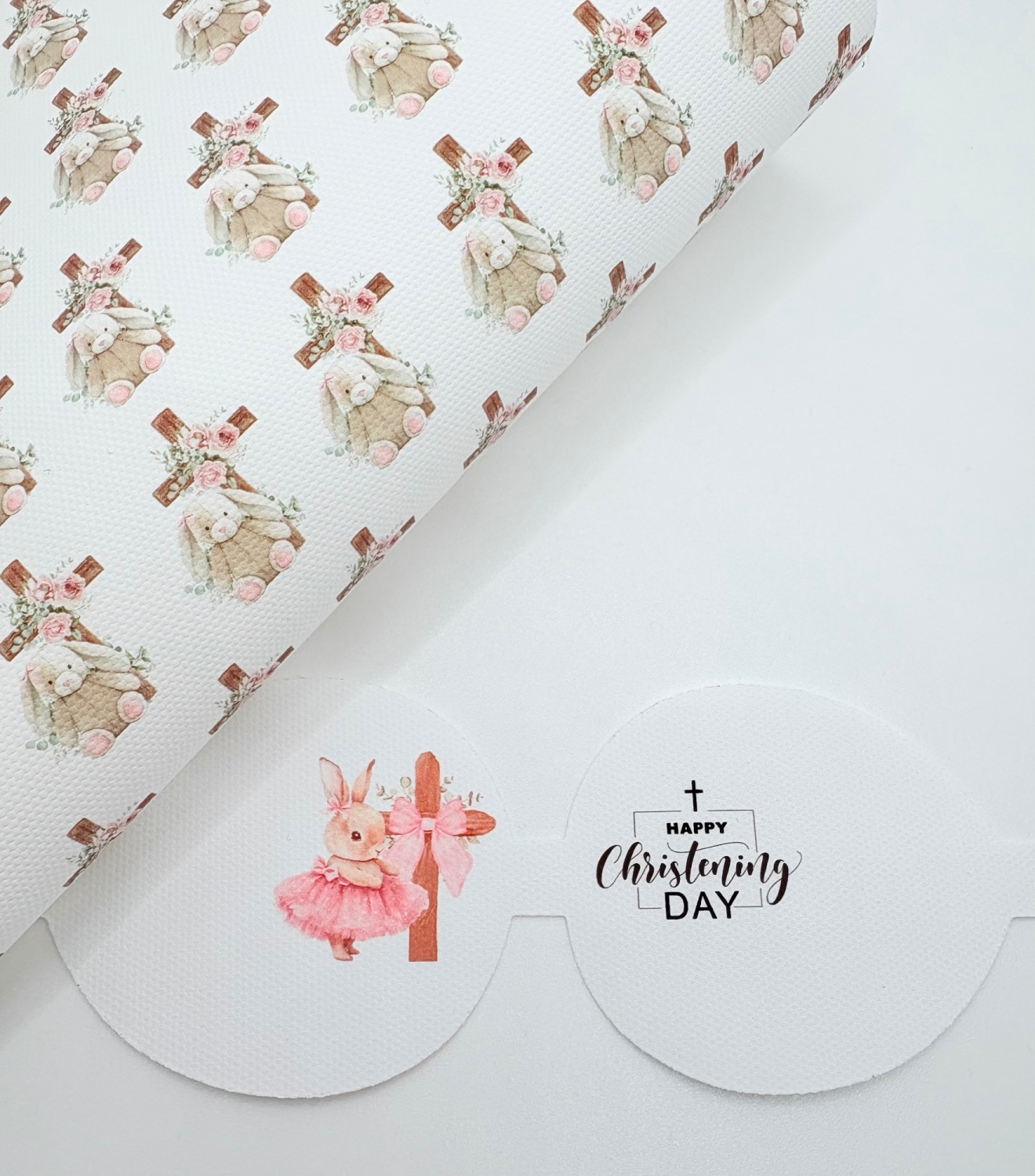 Bunny Happy Christening Day printed pre cut bow loop