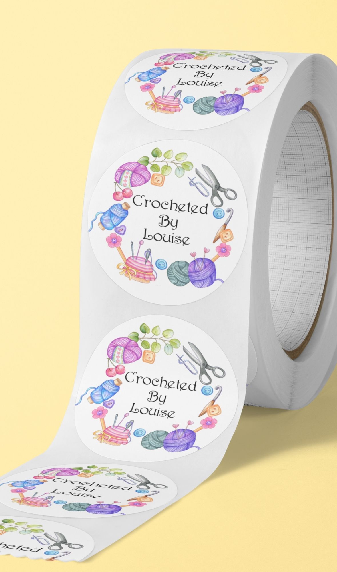 Crocheted by, personalised crocheted stickers