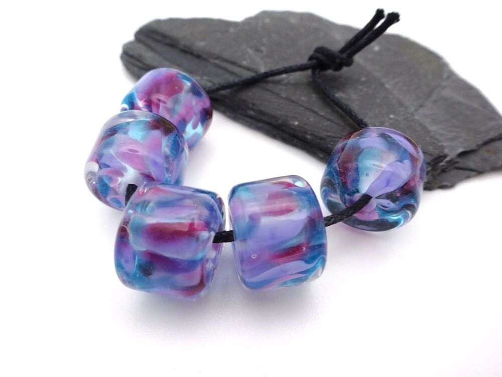 handmade lampwork glass beads, purple and blue frit wheels